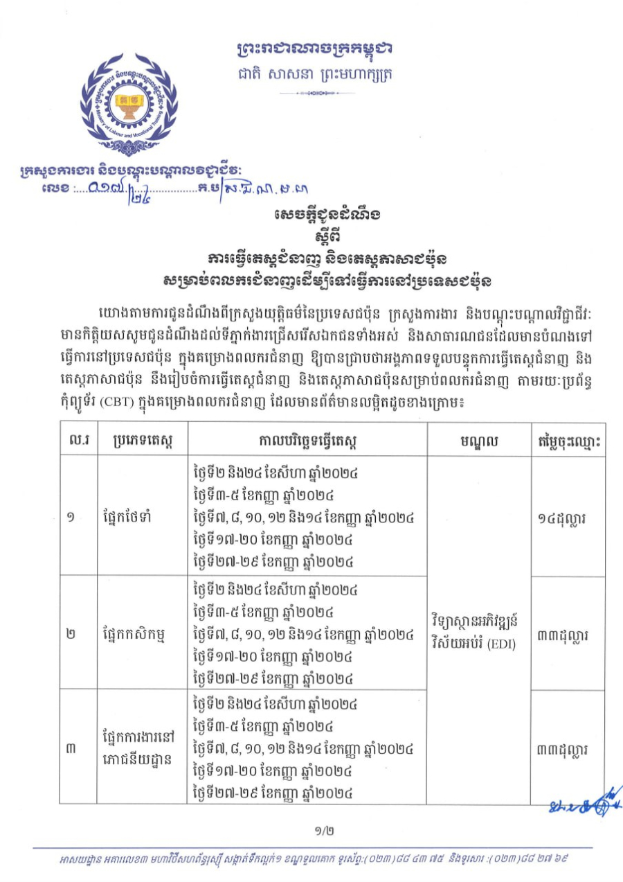 សេចក្តីជូនដំណឹង លេខ១៧២៤ ស្តីពីការធ្វើតេស្តជំនាញ និងតេស្តភាសាជប៉ុន